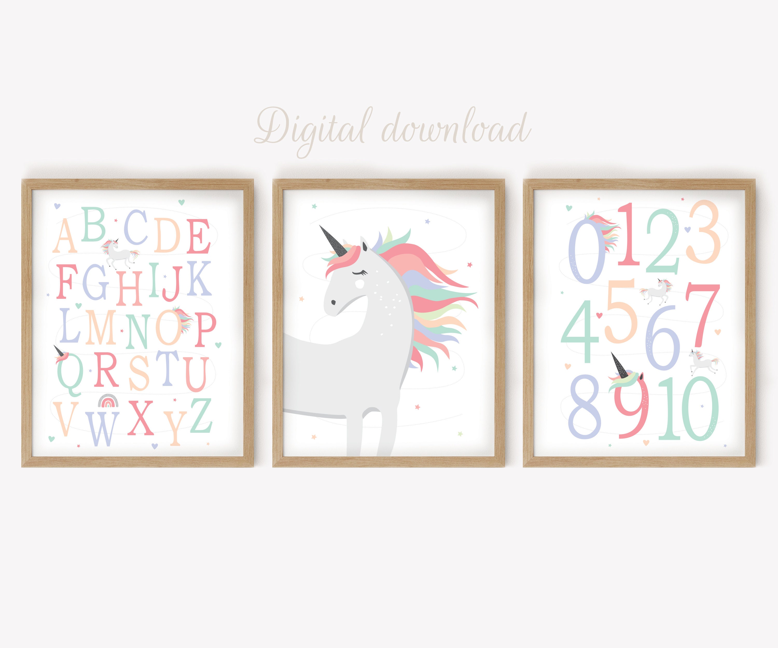 3 Unicorn ABC Numbers Poster Colorful Wall Decor Rainbow Education ...