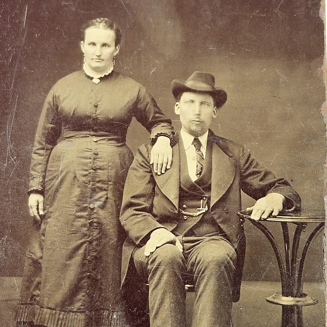 Antique Tin Type Photo of a Couple, Man Seated & Woman Standing - Etsy