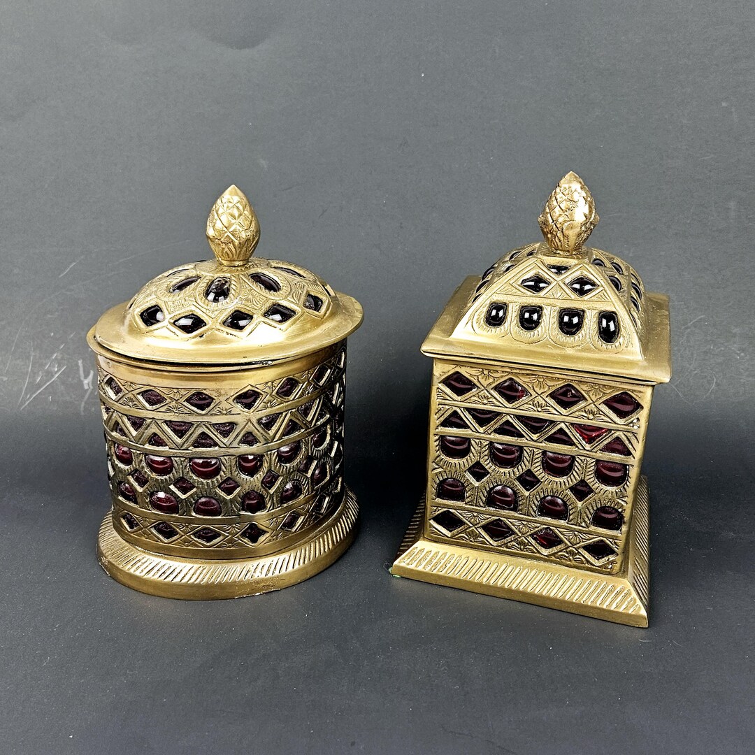 Vintage Brass and Ruby Red Bubble Glass Jar Set - Etsy