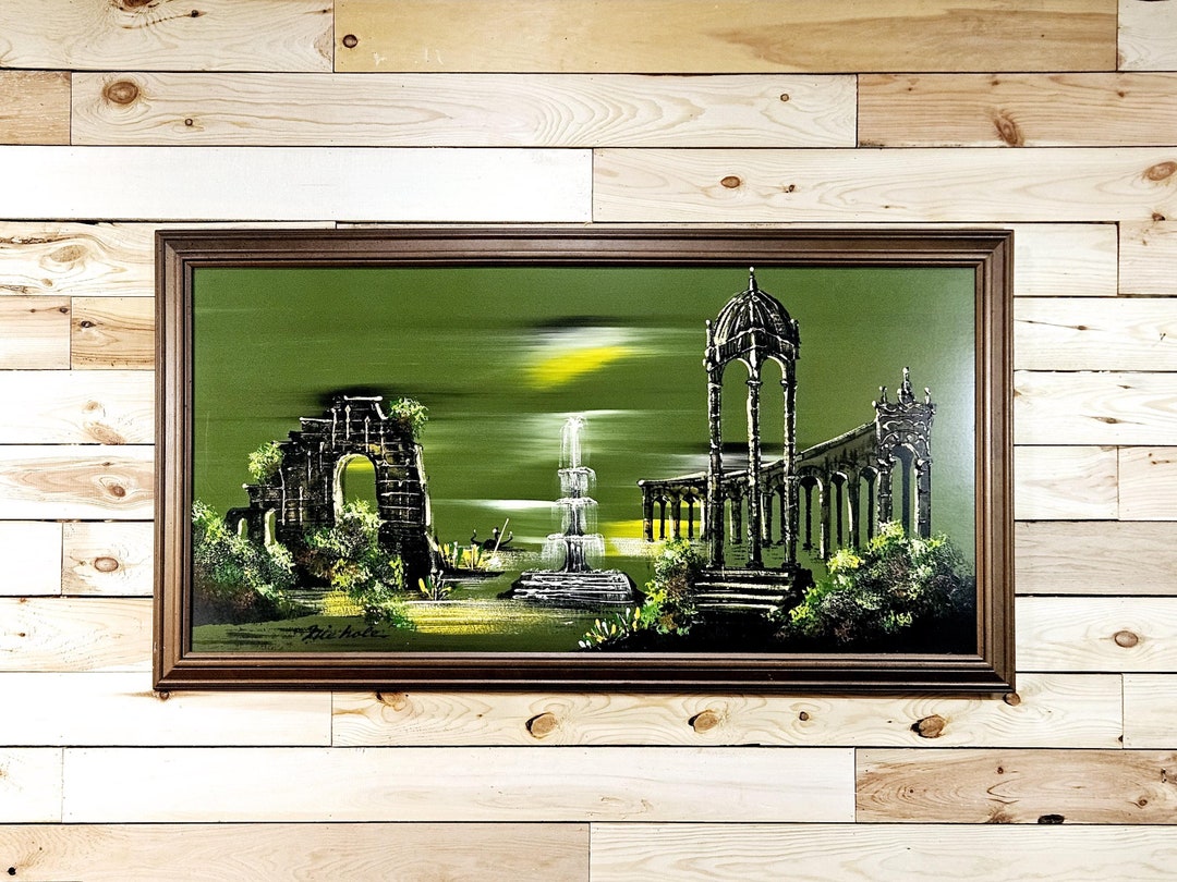 MCM Drip Art Textured Painting of a Fountain and Greek or Roman ...