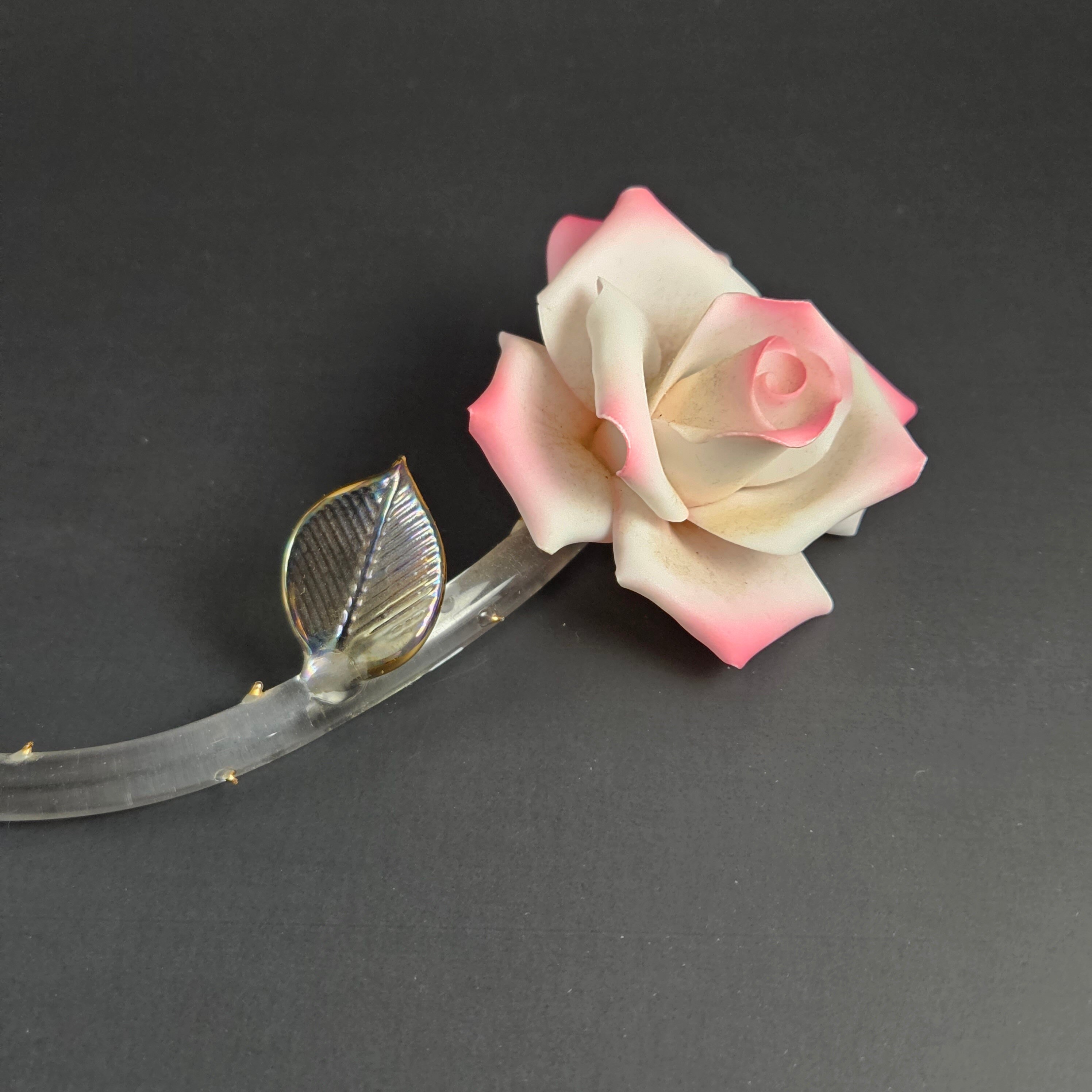 Vintage Porcelain White Rose With Pink Accents on a Blown Glass Stem - Etsy