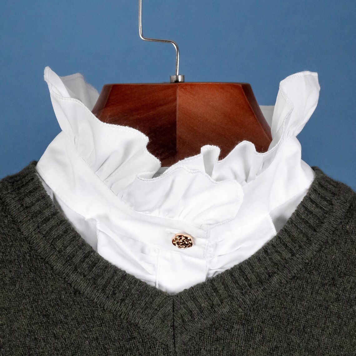 White Ruffle Cotton False Upright Turtle Neck Collar and Ruffled Front ...