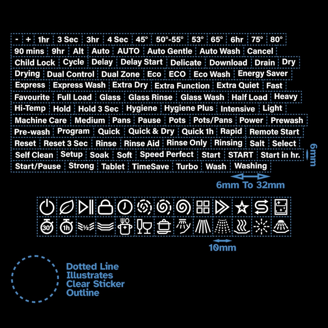 Combination 120pcs Dishwasher White Lettering Text Function Symbols ...
