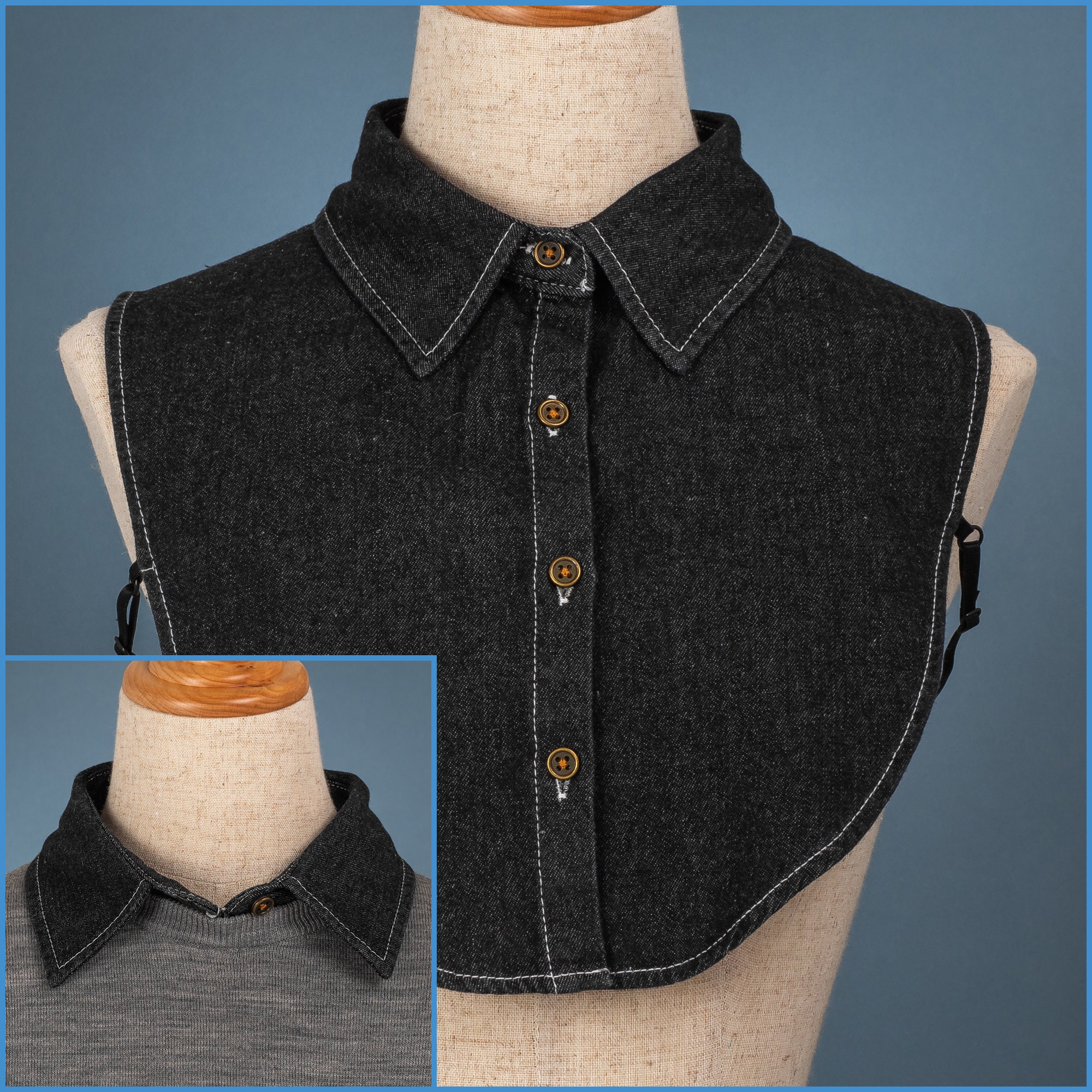 Black Denim False Pointed Flat Classic Cotton Collar Vintage - Etsy