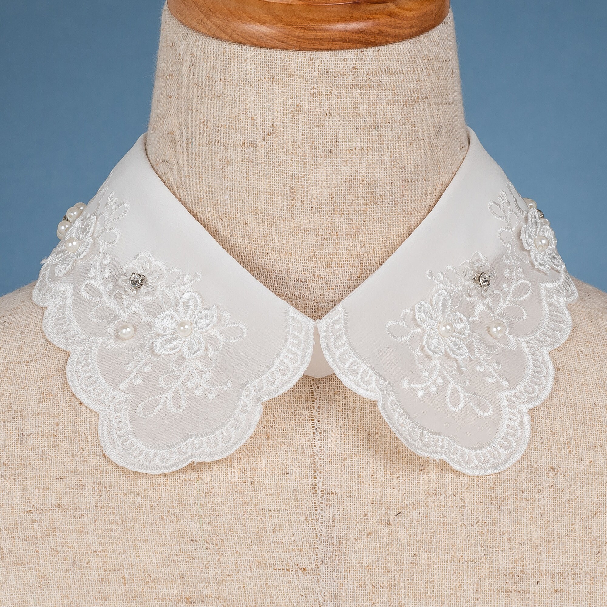 White False Embroidered Round Lace Pearl Sheer Chiffon Collar Design ...