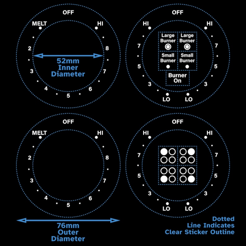 White Print 4 Dials Set Melt-hi Lo AC/CCW Cooktop Burner Adhesive Label ...