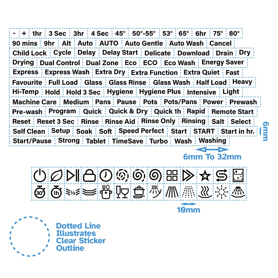 Combination 120pcs Dishwasher Black Lettering Text Function Symbols Self Adhesive Control Panel ...