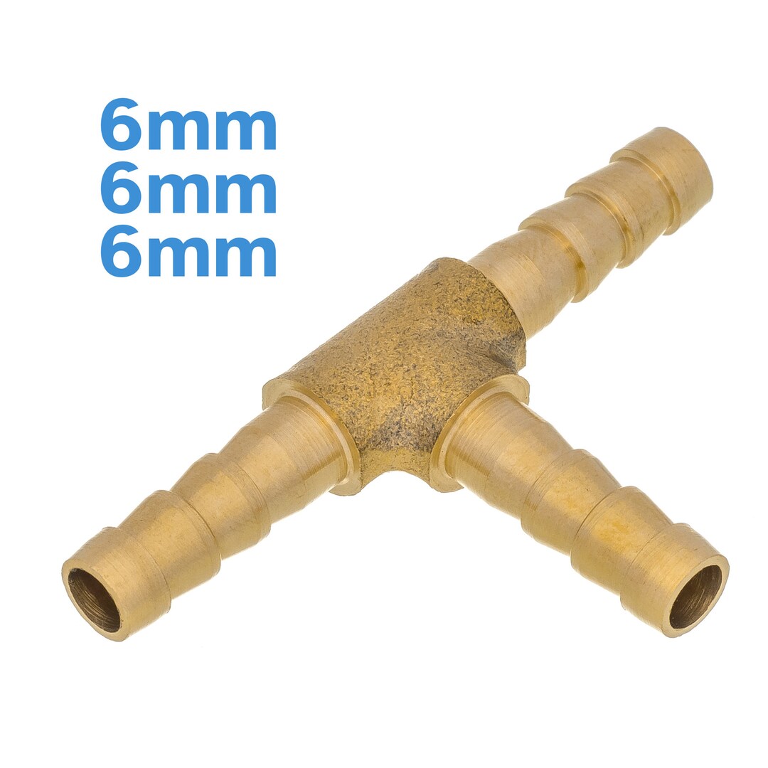 6mm - 6mm - 6mm Brass Tee Pipe Fitting Three Way Splitter Barbed Tubing ...