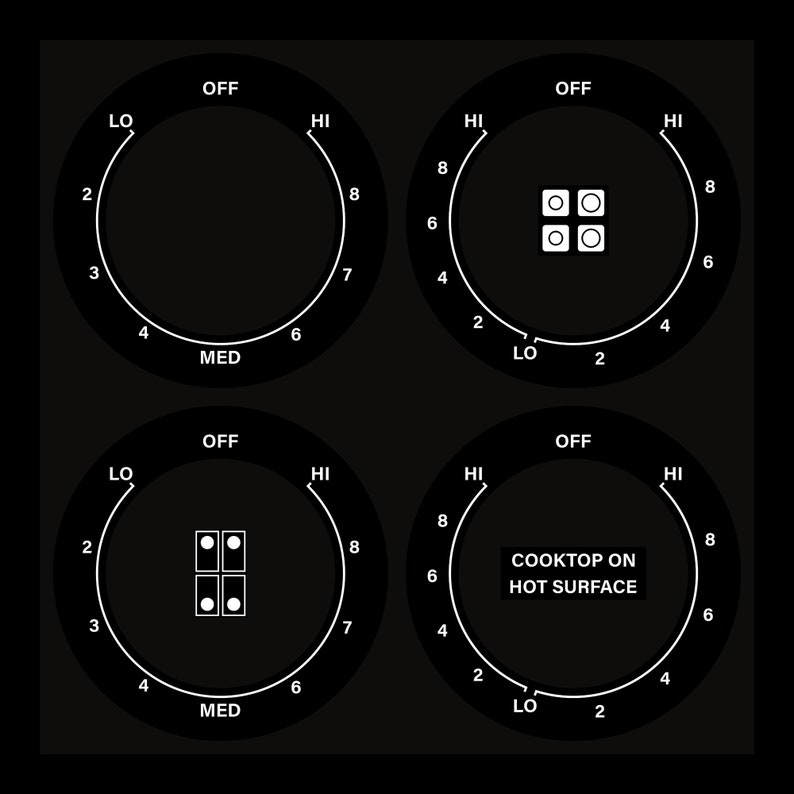 White Print 4 Dials Set Lo-med-hi Hi-lo-hi AC/CCW Cooktop 4 Hob Burner ...