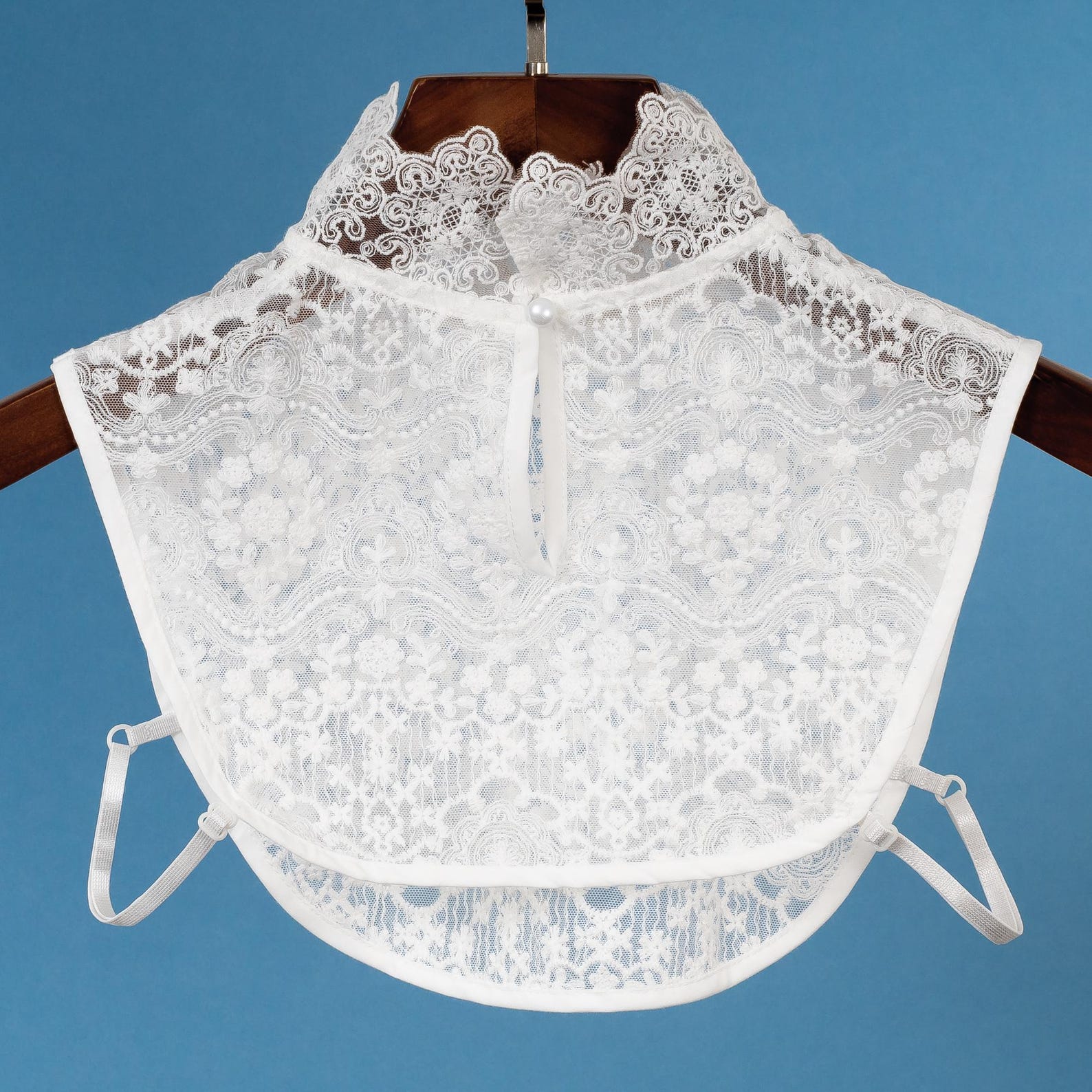 White Sheer False Lace Upright Turtle Neck Collar Floral Ruffle Design ...