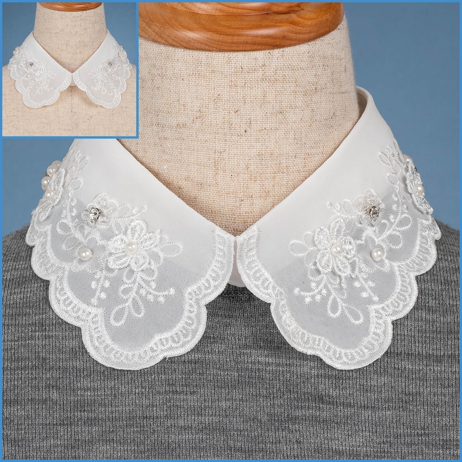 White False Embroidered Round Lace Pearl Sheer Chiffon Collar Design ...