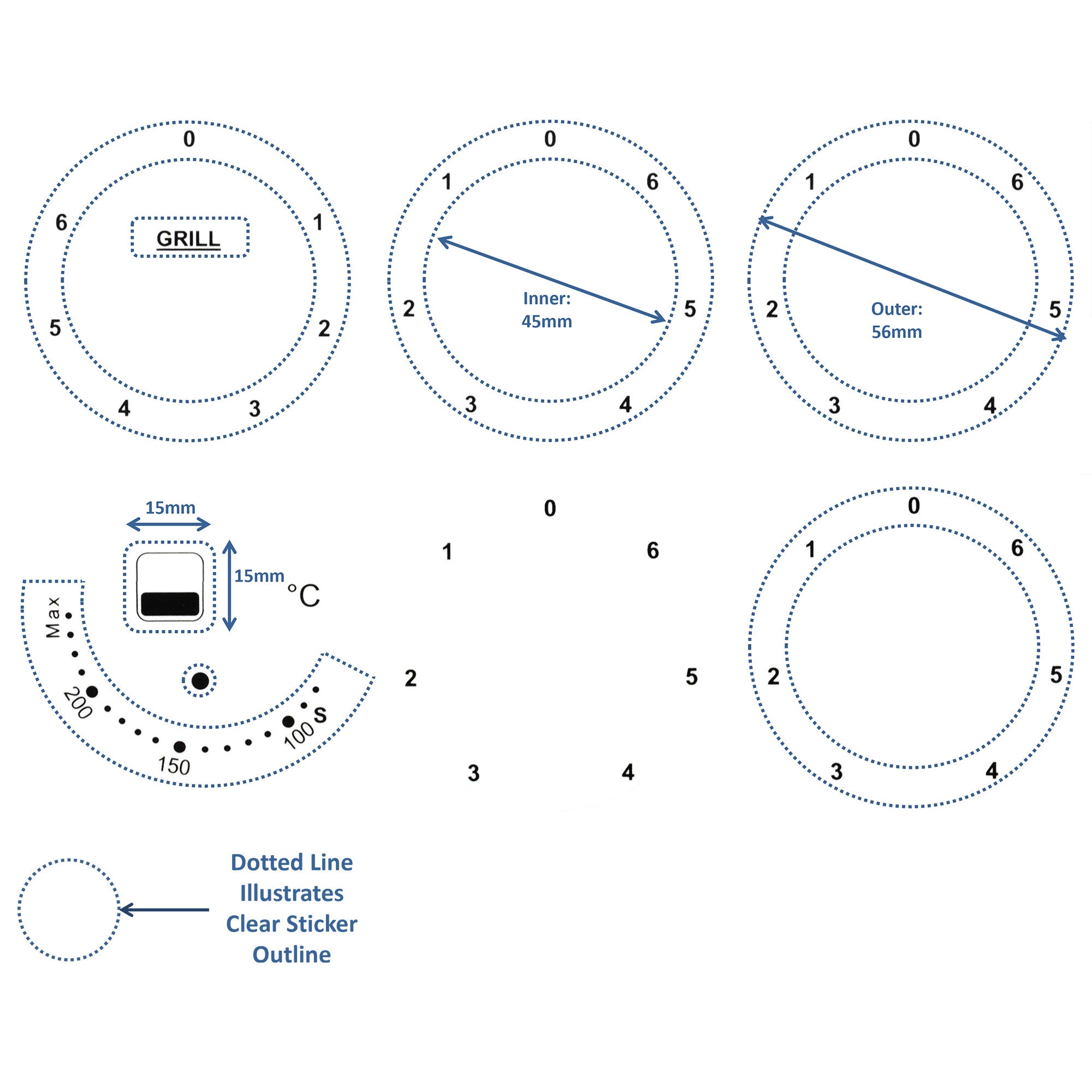 Black Text Grill, Circles, 100-200/max & Symbols Adhesive Dial Knob Hob ...