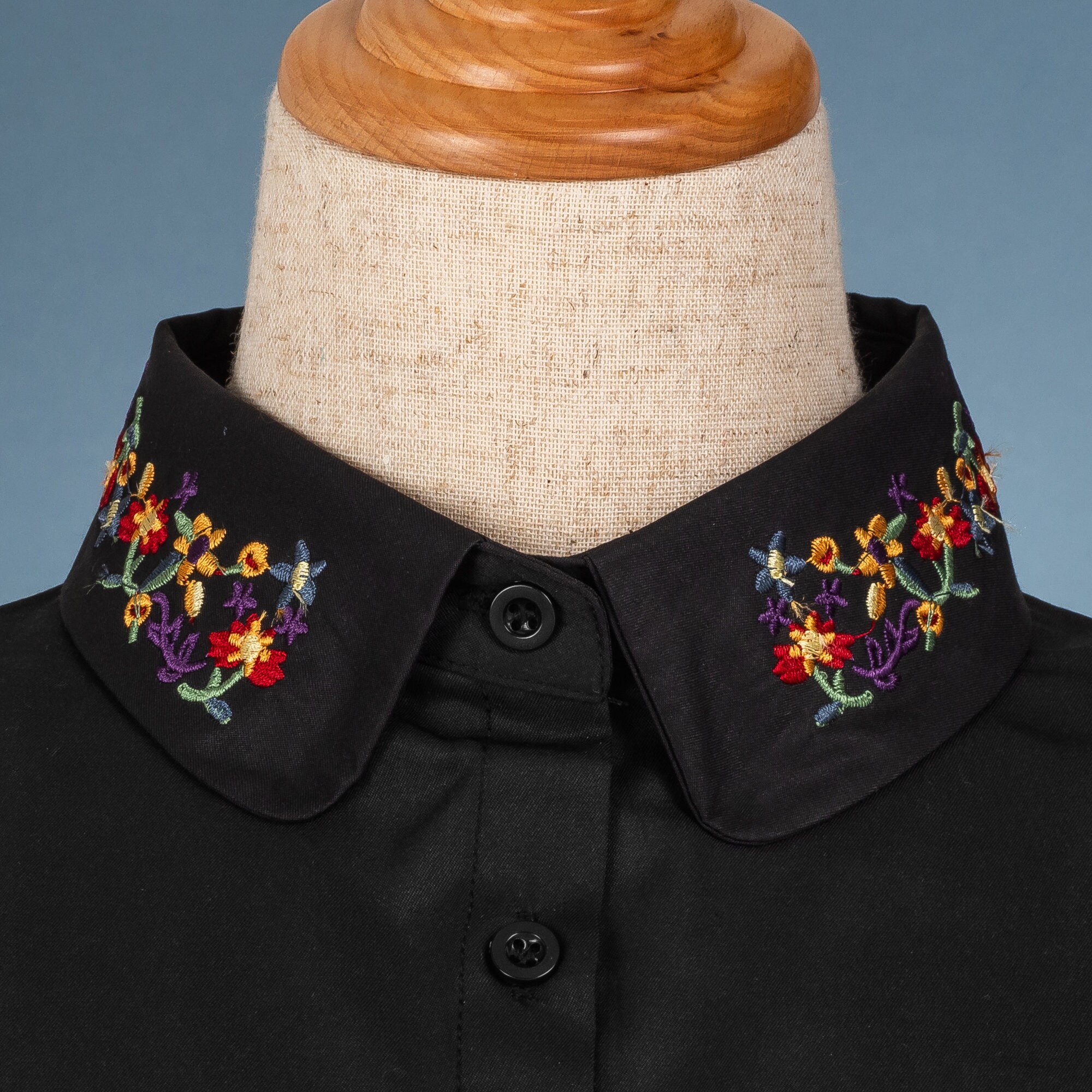 Black False Round Peter Pan Embroidered Cotton Collar Floral Design for ...