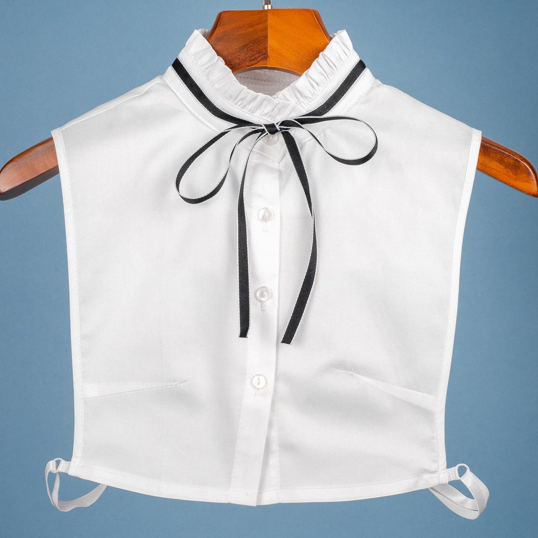 White With Black Ribbon Classic Cotton Ruffle Upright False Collar ...