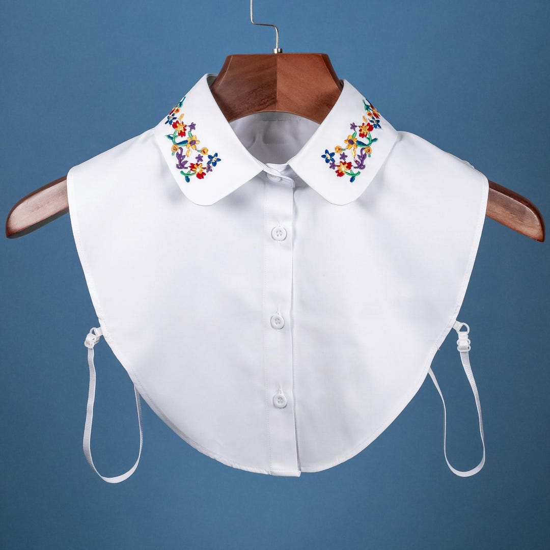 White False Round Peter Pan Embroidered Cotton Collar Floral Design for ...