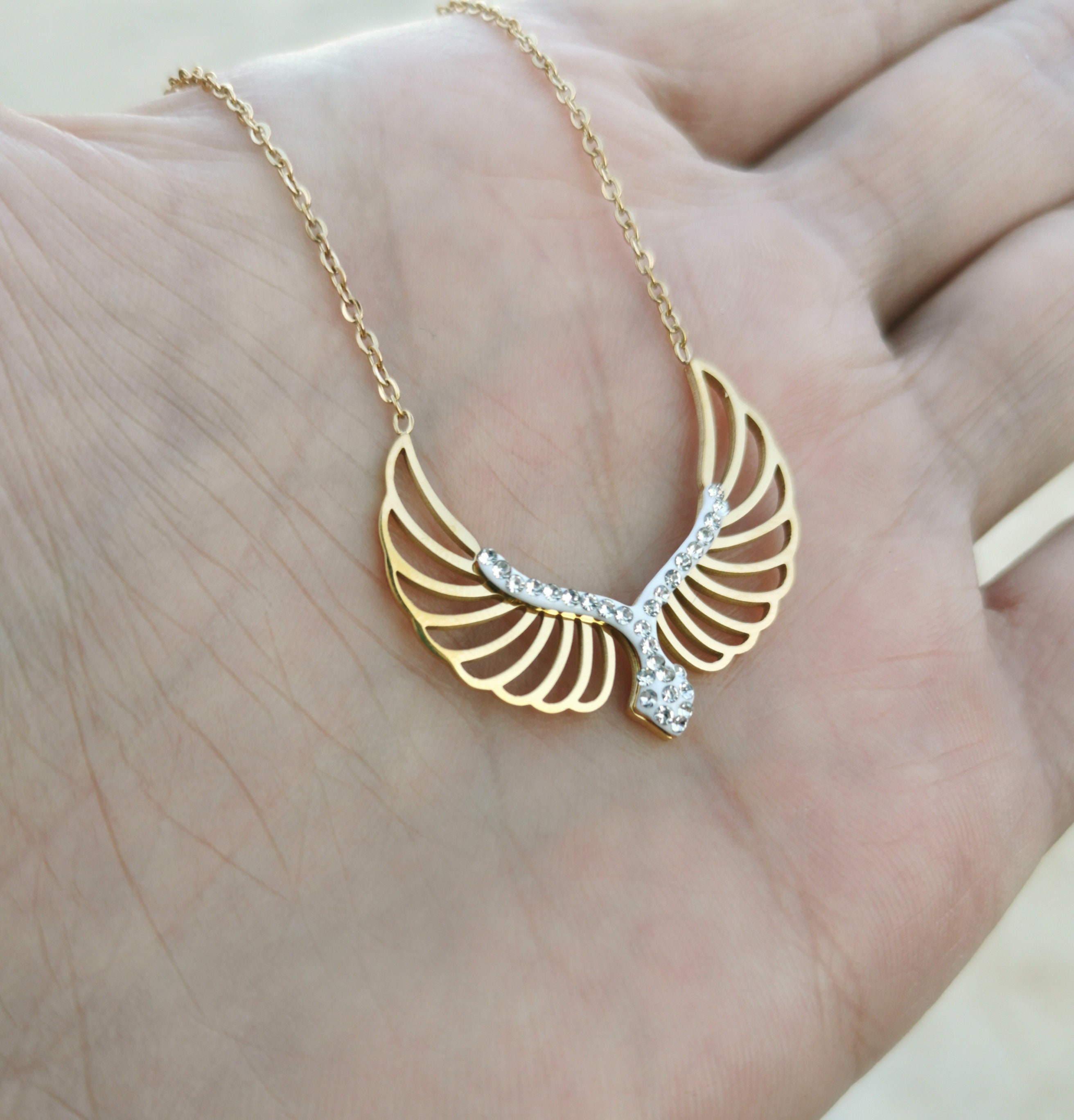 Swarovski Crystal Adorned Angel Wing Necklace, Best Quality Stainless ...