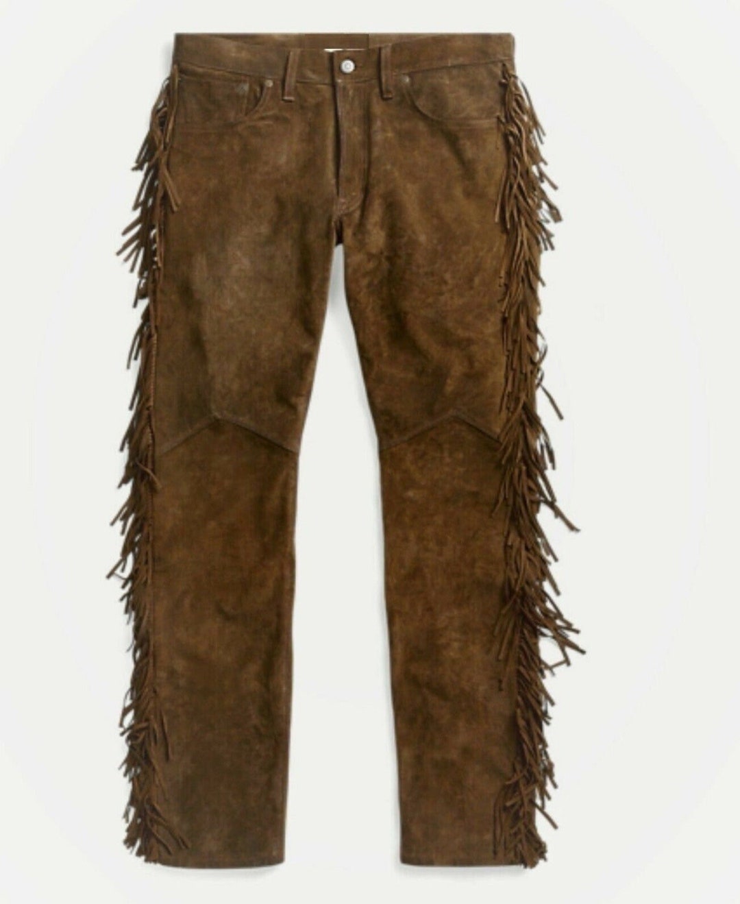 Men Native American Brown Cowhide Suede Leather Jeans Style Pants With ...