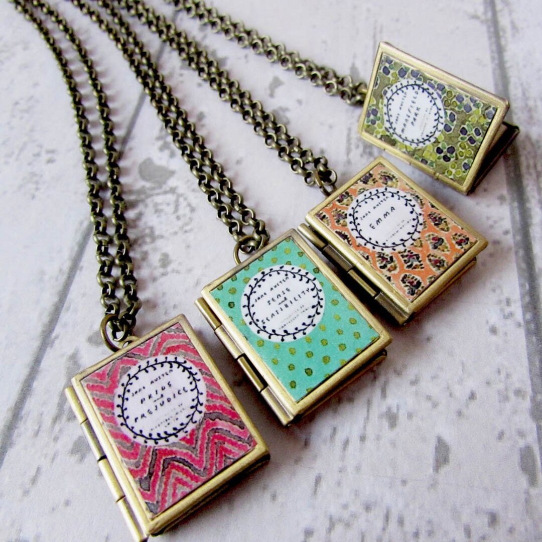 Antique Brass Book Locket Necklace Jane Austen Miniature Books Handmade ...