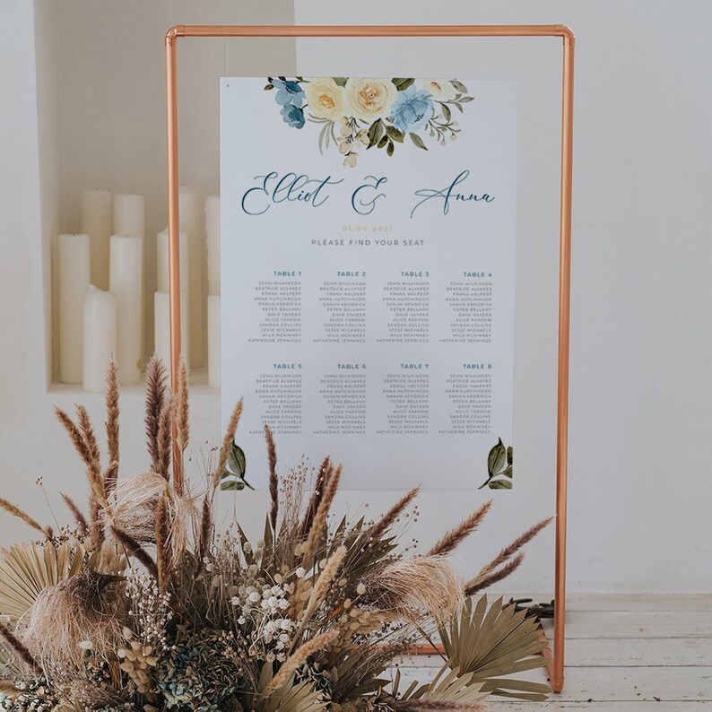 Classic Blue & Yellow Flowers Seating Chart Template, Elegant Wedding ...