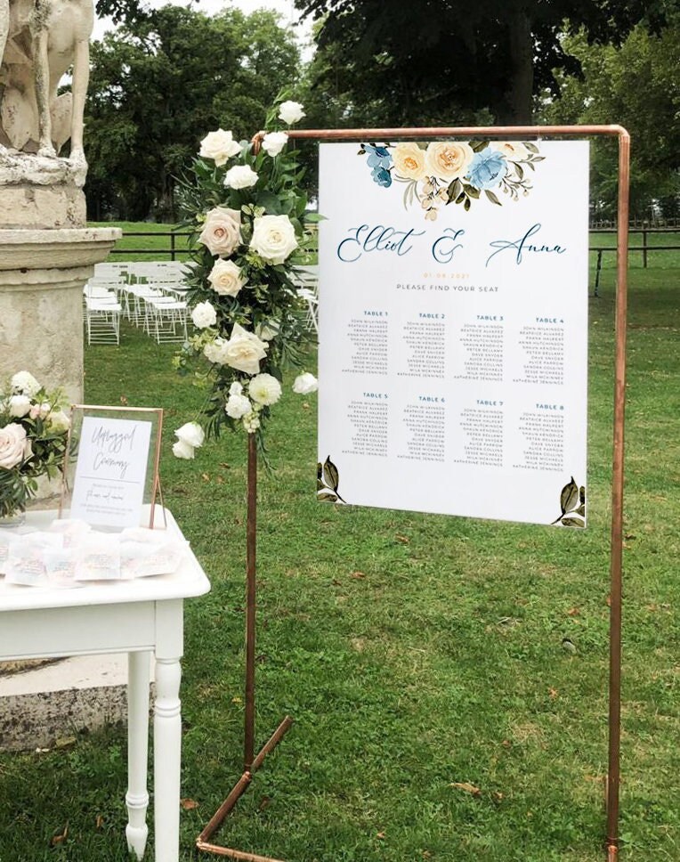 Classic Blue & Yellow Flowers Seating Chart Template, Elegant Wedding ...