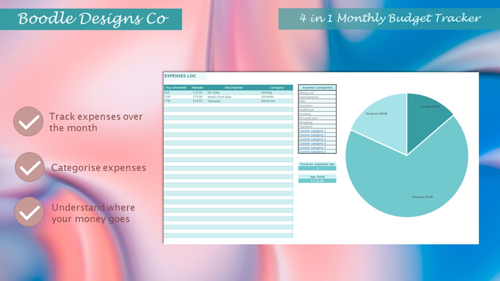 4 in 1 Monthly Budget Tracker Spreadsheet Template for Excel, Inc ...