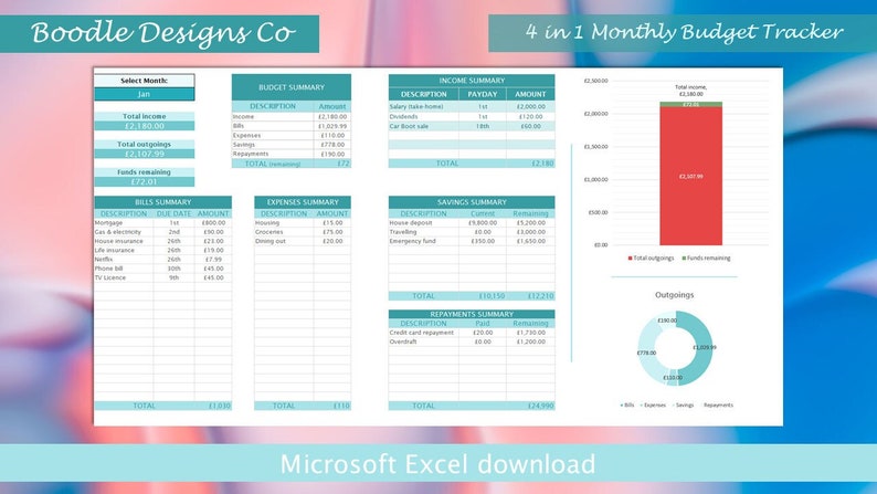 4 in 1 Monthly Budget Tracker Spreadsheet Template for Excel, Inc ...