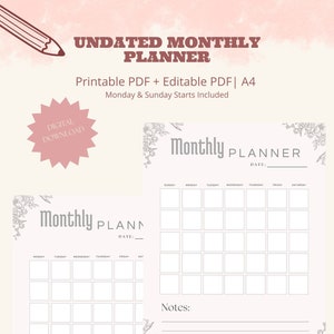 Undated Monthly Planner Printable, Editable Monthly Calendar Inserts ...
