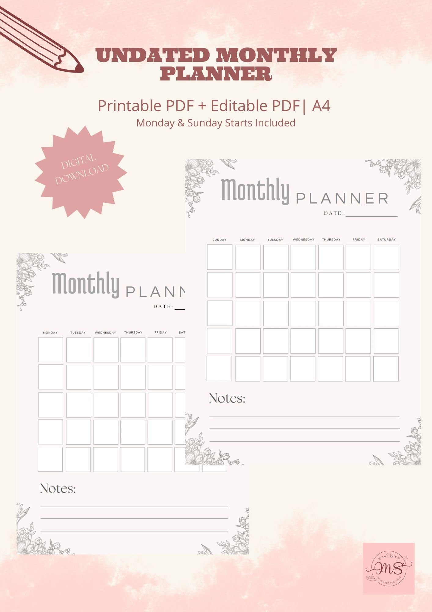 Undated Monthly Planner Printable, Editable Monthly Calendar Inserts ...