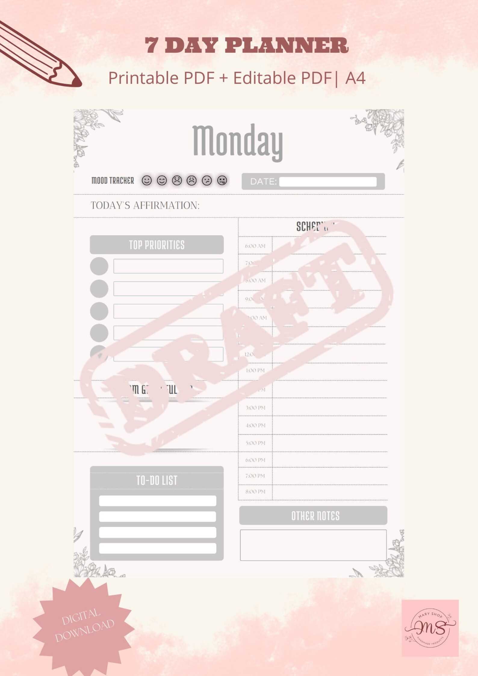 7 Day Planner Printable/editable, Daily Planner, Weekly Planner, Daily ...