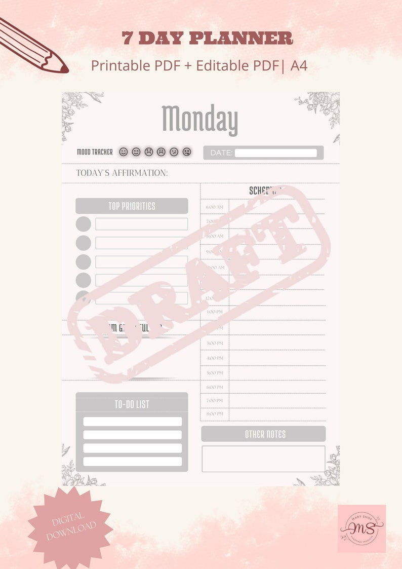 7 Day Planner Printable/editable, Daily Planner, Weekly Planner, Daily ...