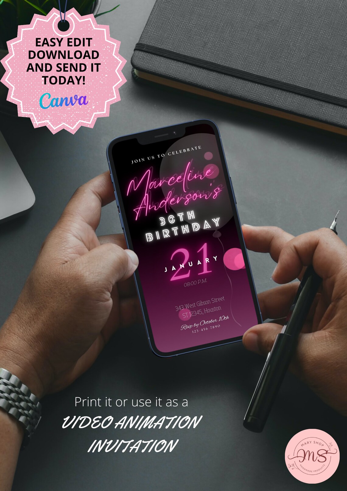 Electronic Birthday Invitation, Pink Glow Dinner Party, Mobile Digital ...