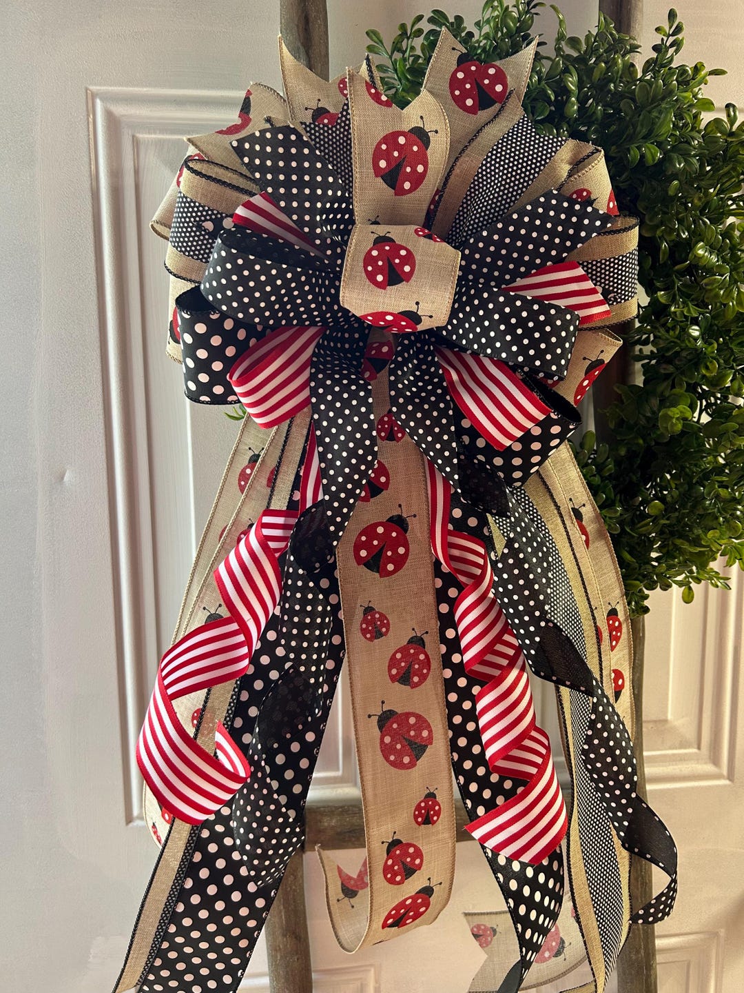Lady Bug Bow With Red, Tan, Black and White Ribbon. It Comes With a ...