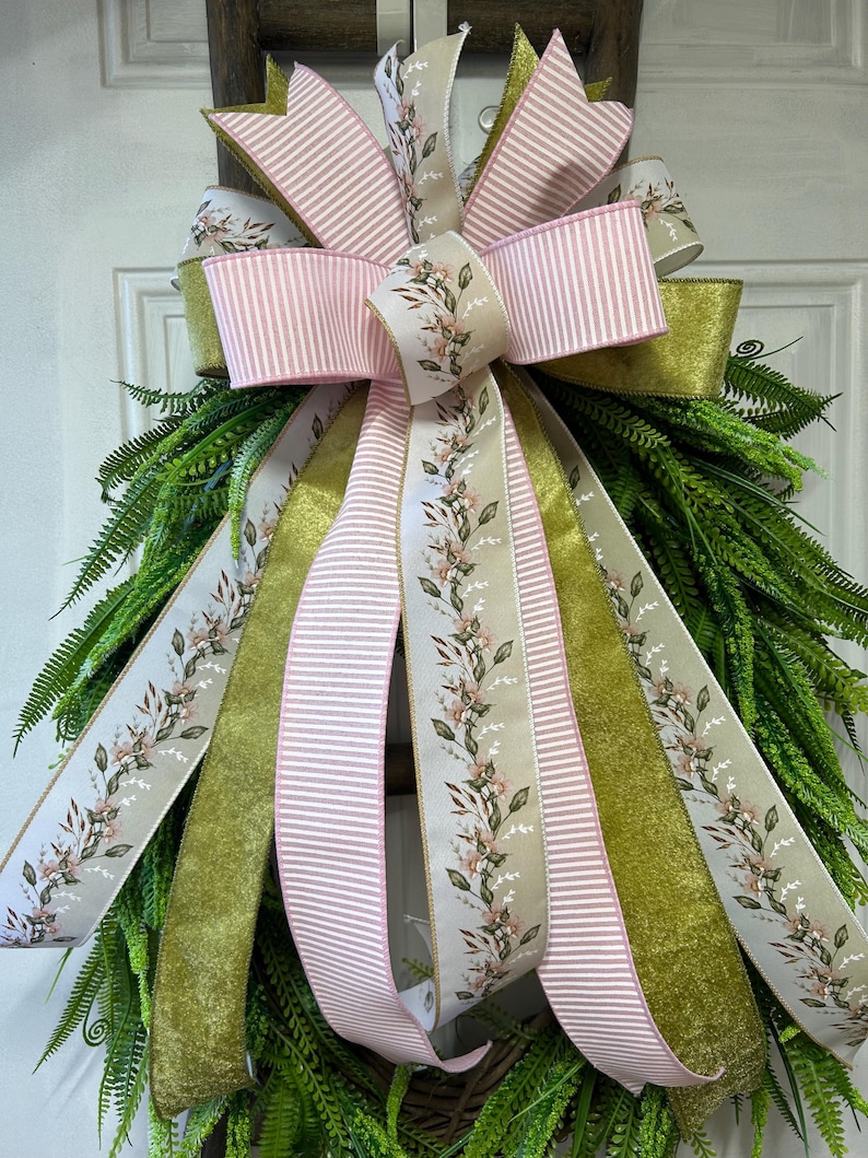 Spring Wreath Bow, Pink Striped Ribbon, Floral Accent - Etsy