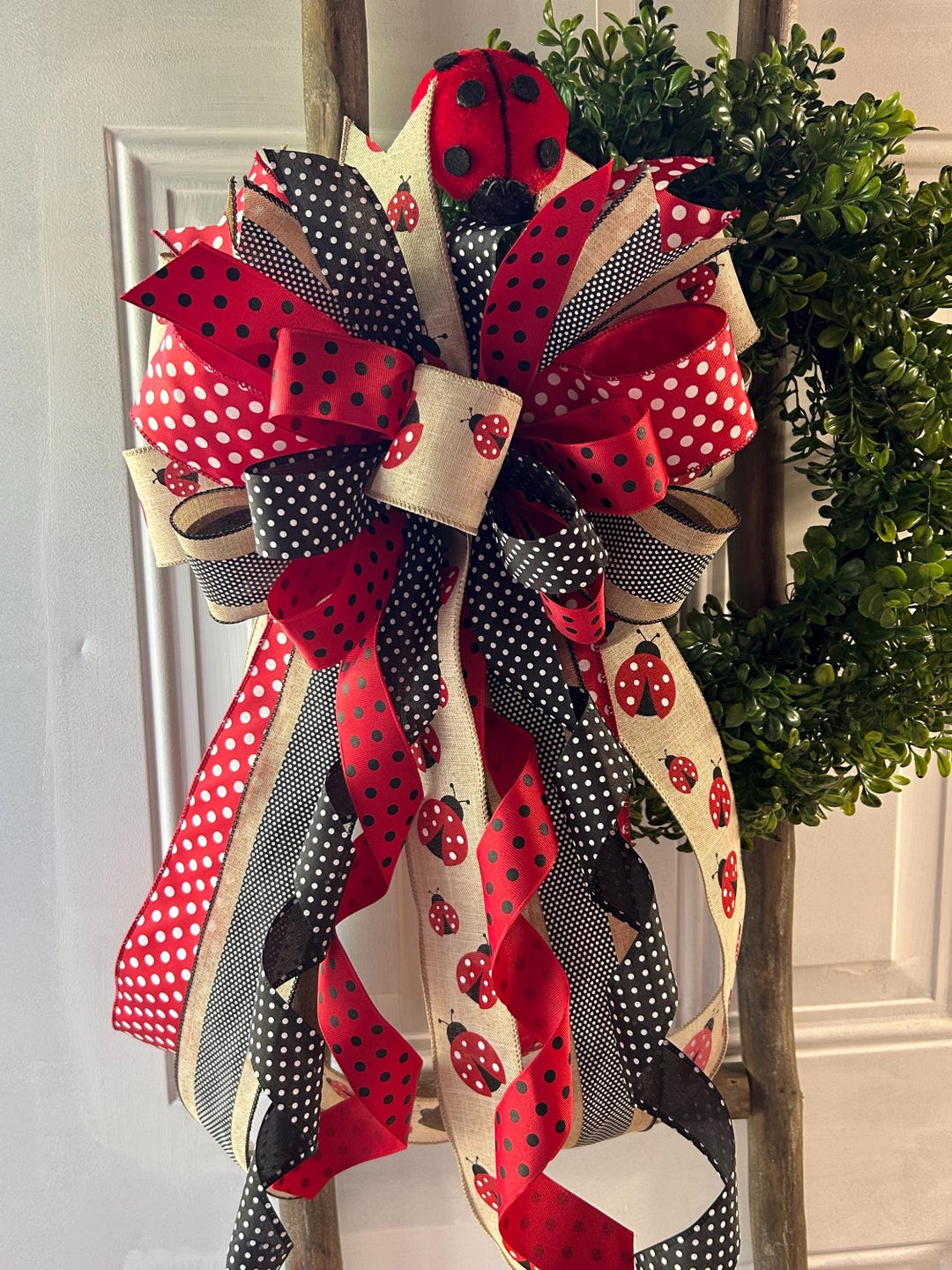 Lady Bug Bow With Red, Tan, Black and White Ribbon. It Comes With a ...