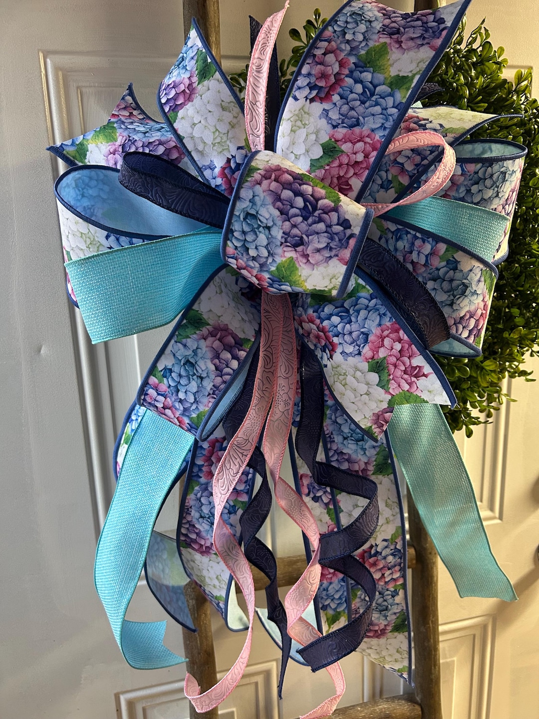 Hydrangea Bow. Pink, Blue, Purple and White Hydrangeas With Light Blue ...