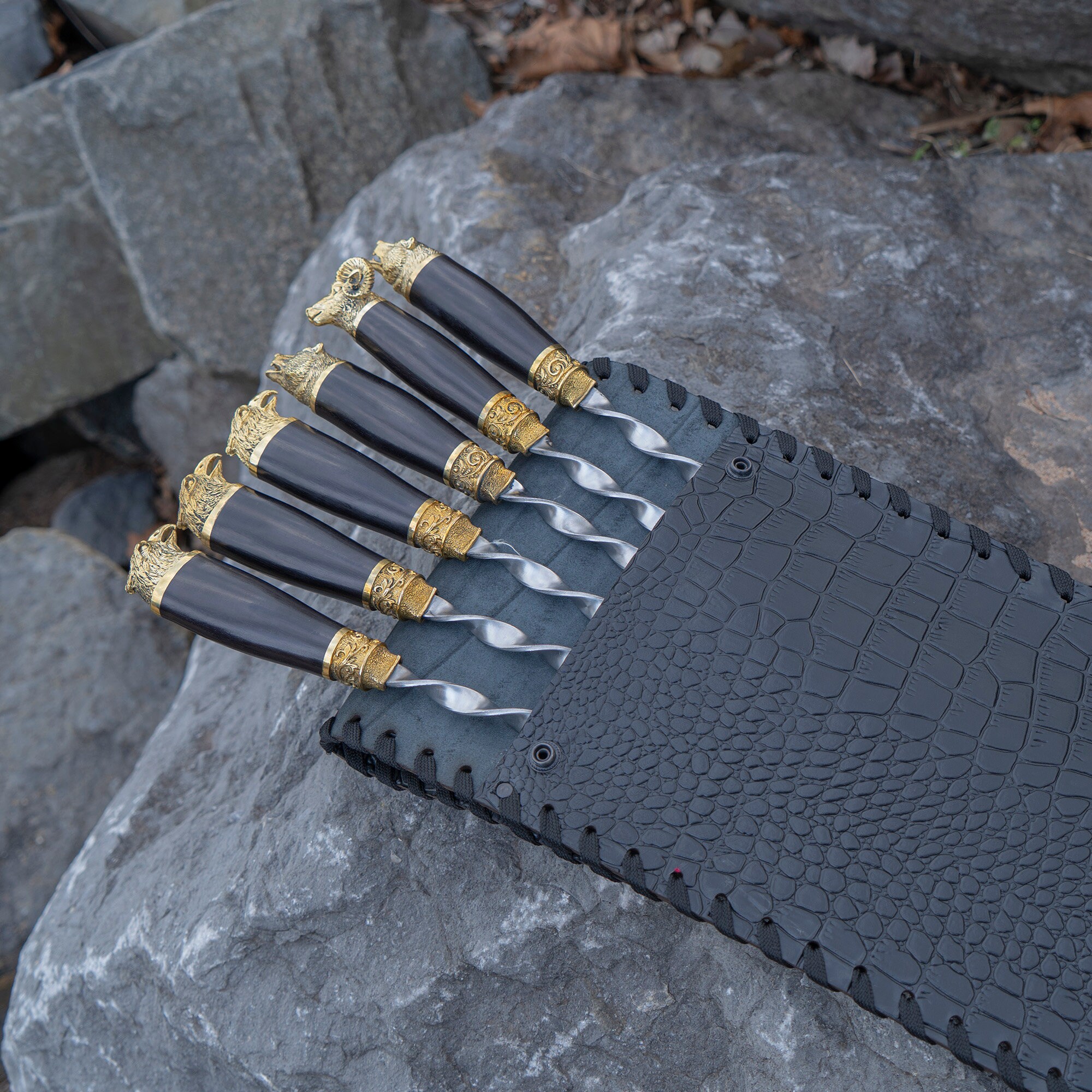 Premium Stainless Skewer Set With Brass Guards | Eco Leather Case | High Quality Grilling ...