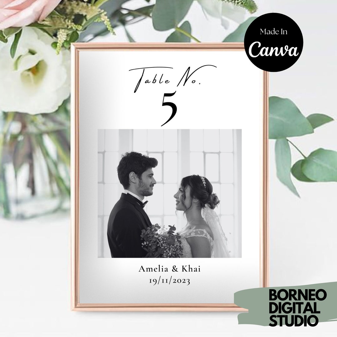 Modern Wedding Table Numbers, Table Signs With Picture, Canva Template ...
