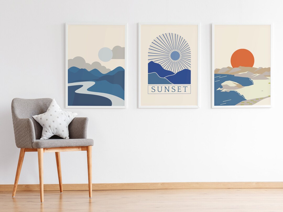 Boho Blue Landscape Poster Set of 3 Beach Mountain Sunrise River Blue ...