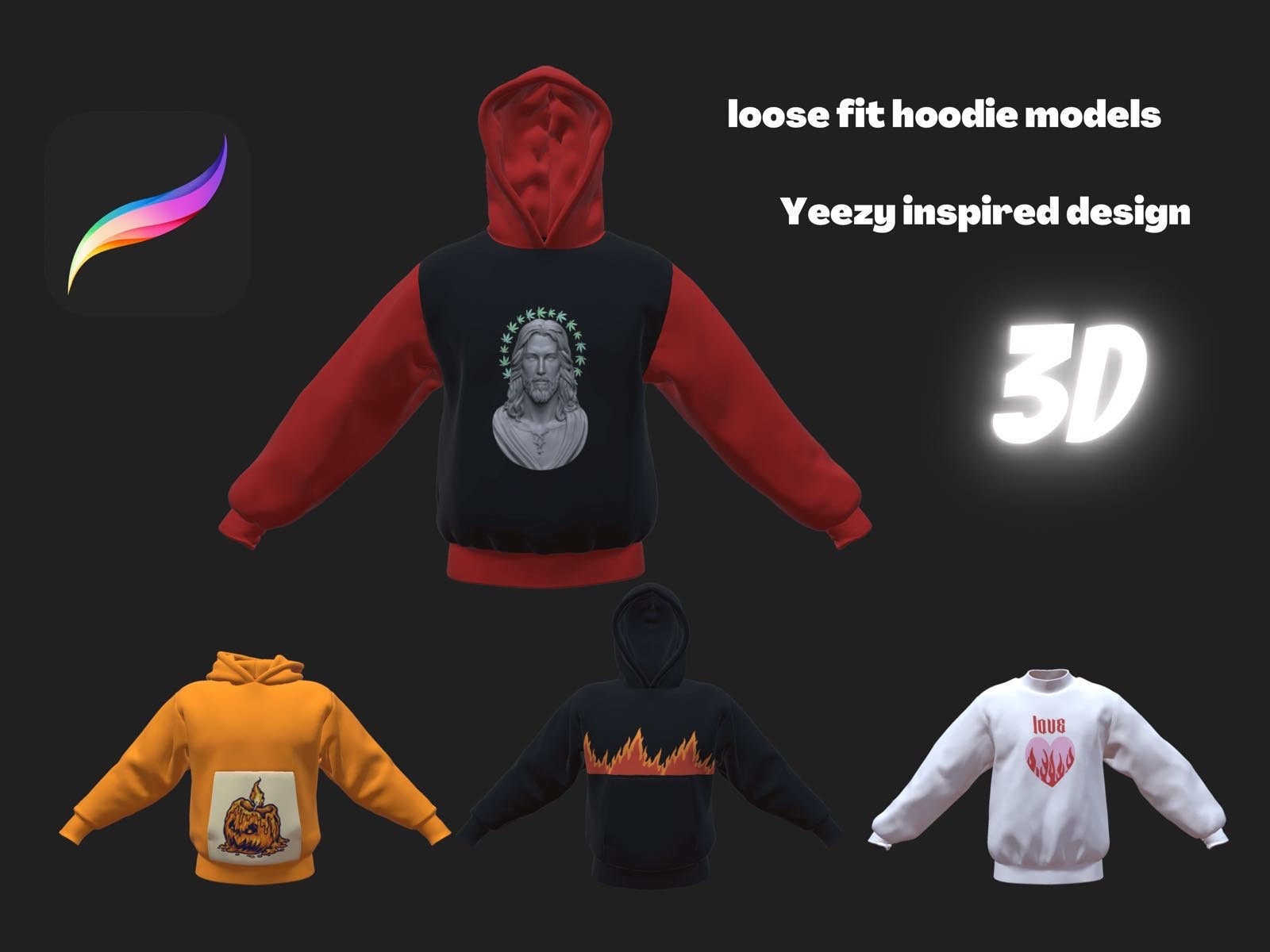 Procreate 3D Model | 4 3D Hoodies Mockup | Procreate 3D Model Clothing ...