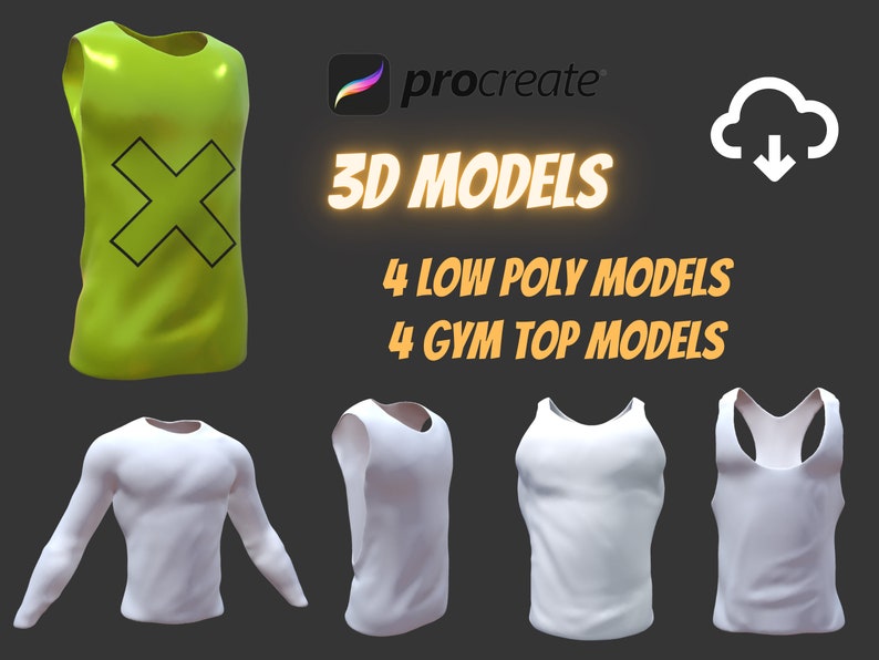 4 Procreate Gym Top 3D Models Low Poly Bundle 3D Mockup - Etsy