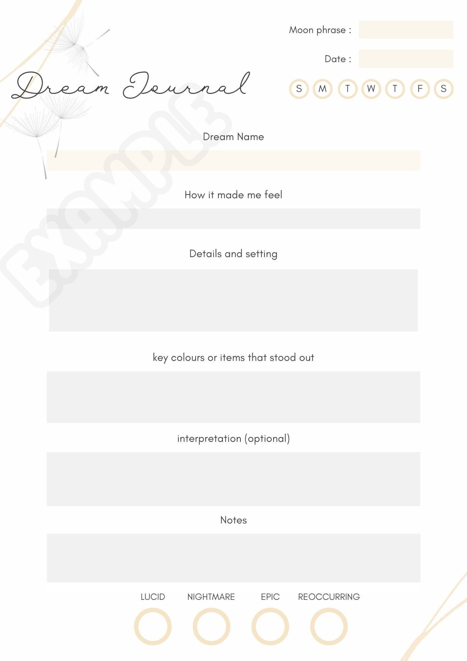 Dream Diary Template / Dream Journal Template / Dream Notes /dream ...