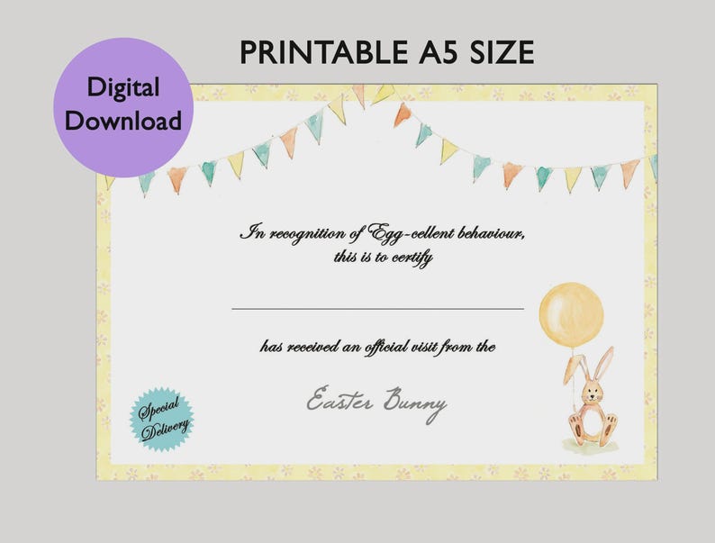 Easter Certificate From the Easter Bunny, A5 Size, Digital Download ...