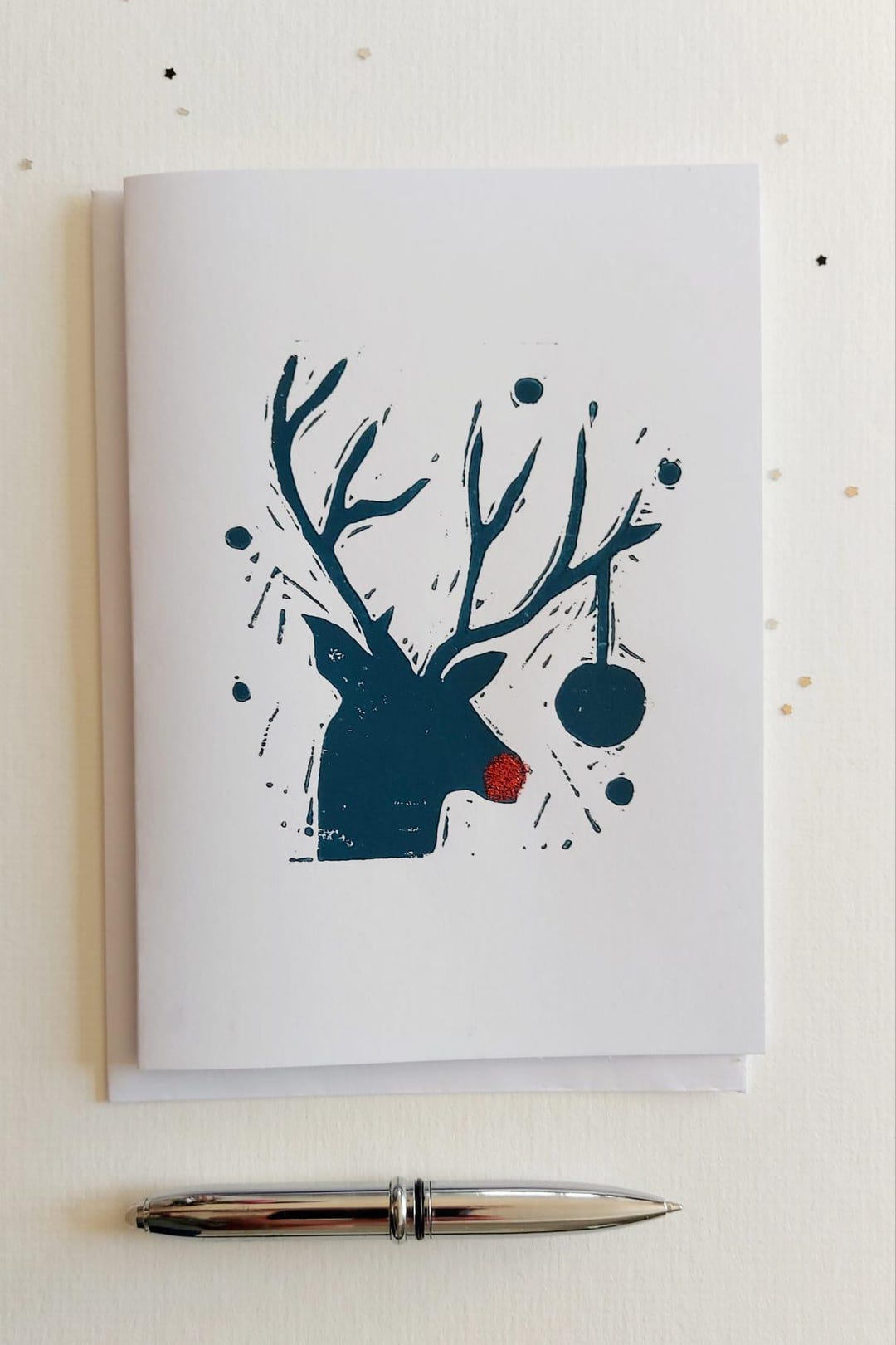 Handprinted Original Linocut Reindeer Christmas Card - Etsy