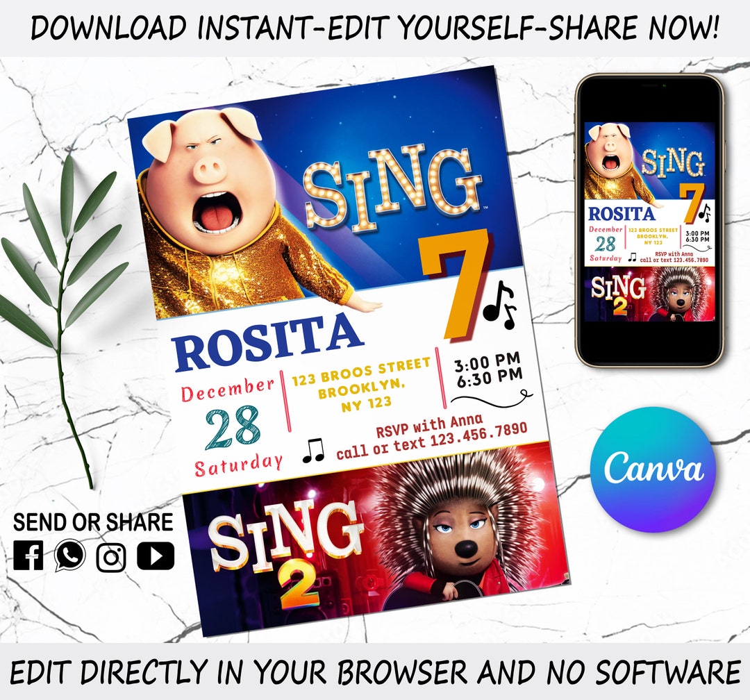 Sing Movie 2 Birthday Invitation - Kids Digital Invite - Digital Sing ...