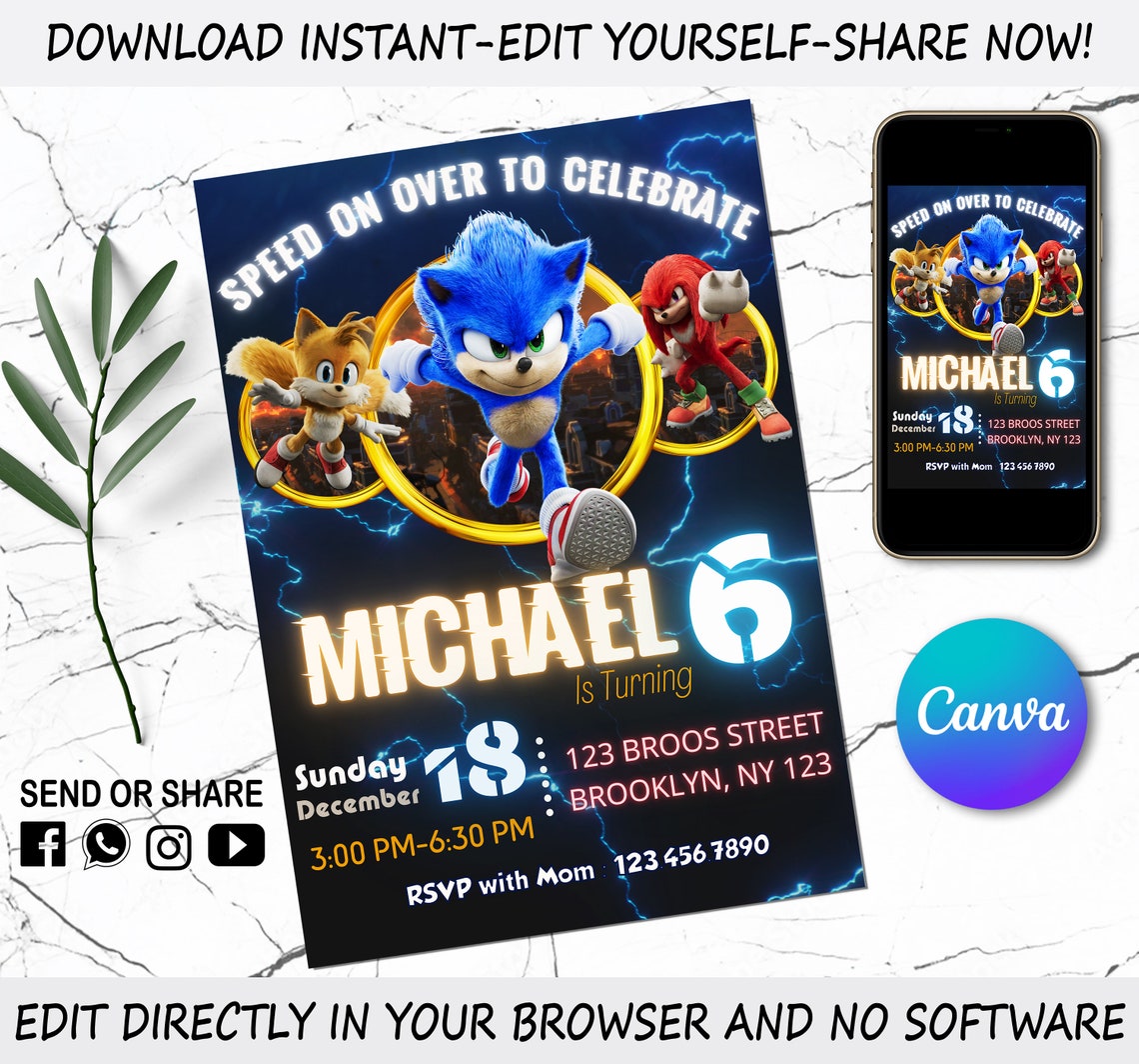Sonic the Hedgehog Birthday Invitation - Kids Digital Invite - Digital ...