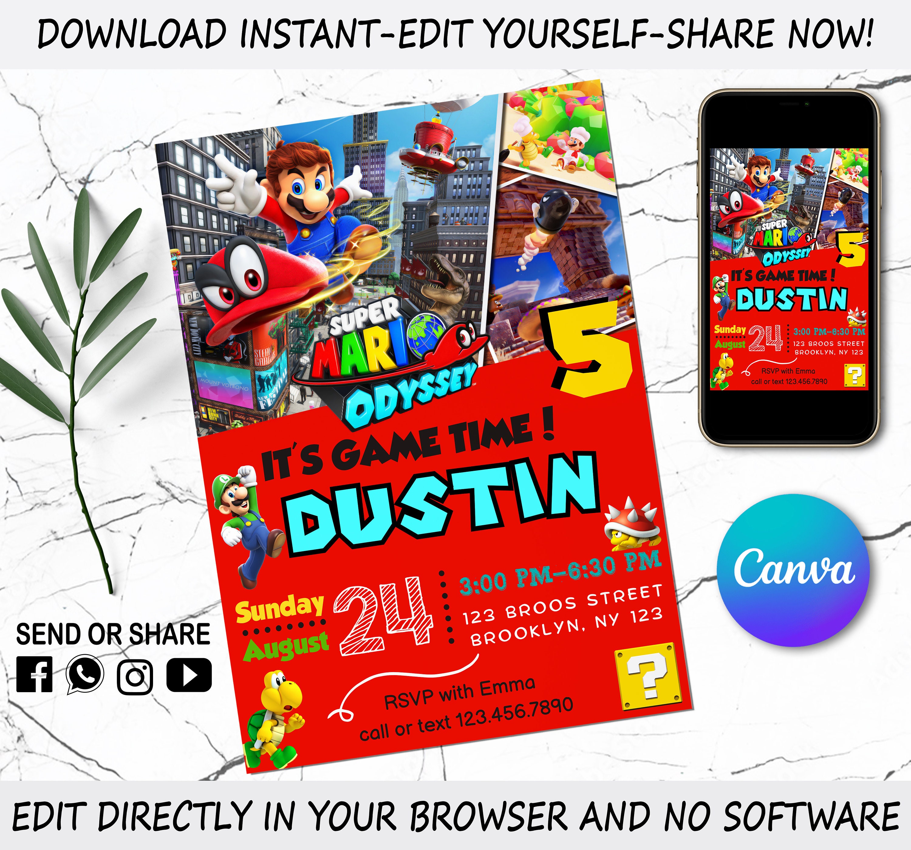 Super Mario Invitation - Kids Digital Invitation - Mario Bros Party ...