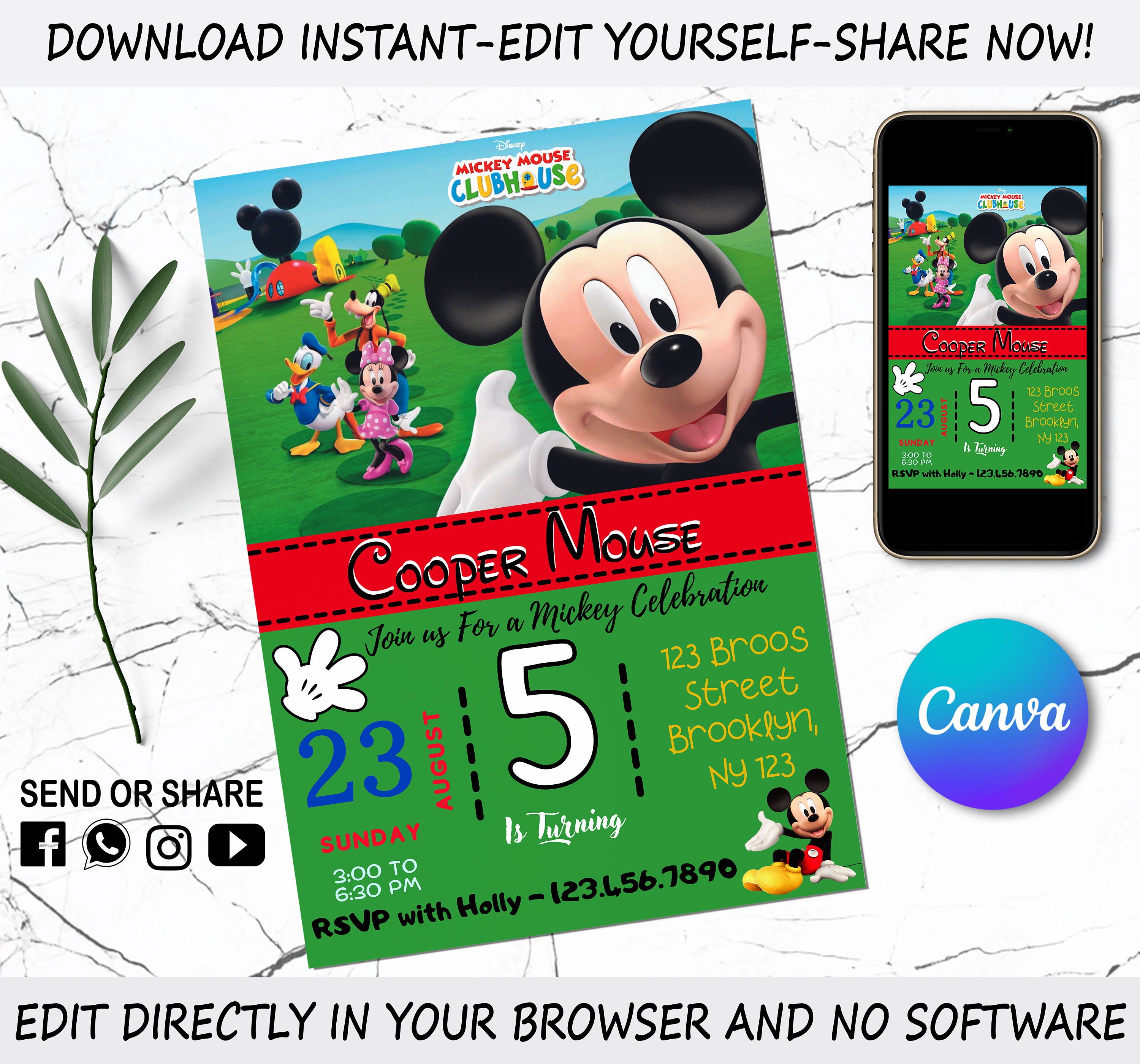Mickey Mouse Birthday Invitation - Kids Digital Invite - Mickey Mouse ...
