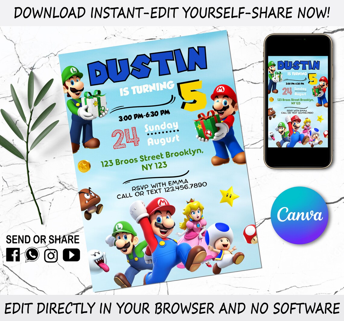 Super Mario Invitation Kids Digital Invitation Mario Bros Party Invite ...