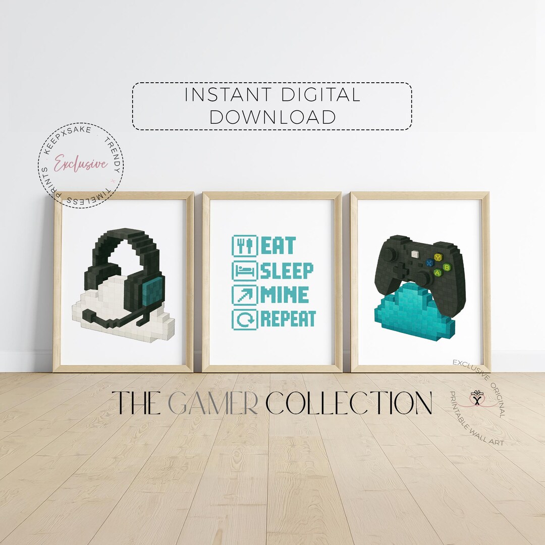 Block Gaming Print | Eat Sleep Mine Repeat Gamer Bedroom | Headphones ...