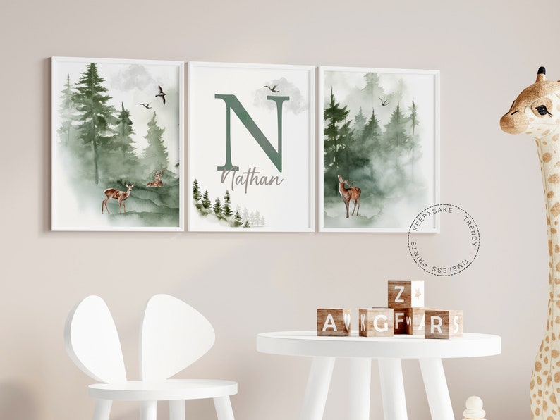 Watercolor Deer Nursery Print Set, Woodland Mountain Decor (digital ...